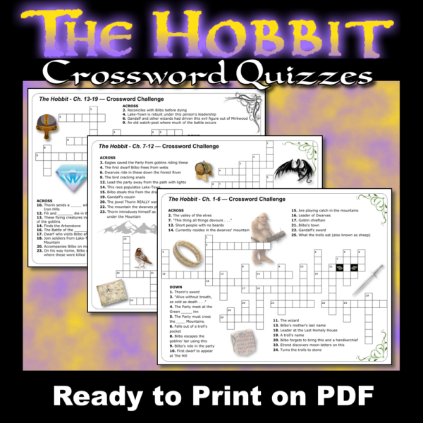 3 Crossword Puzzle Quizzes for THE HOBBIT (worksheet, review, test) NO ...