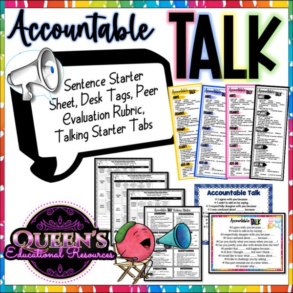 Accountable Talk Talking Stems, Desk Tags, and Peer Evaluation Rubric ...