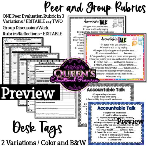 Accountable Talk Talking Stems, Desk Tags, and Peer Evaluation Rubric ...