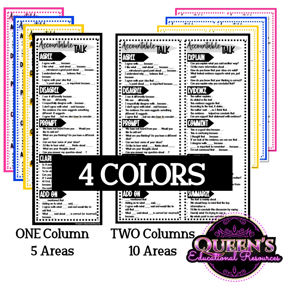 Accountable Talk Talking Stems, Desk Tags, and Peer Evaluation Rubric ...