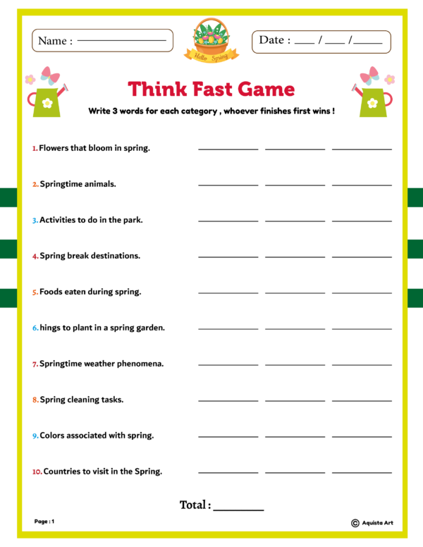 Spring Think Fast Challenge : Printable Worksheet for Kids | Made By ...