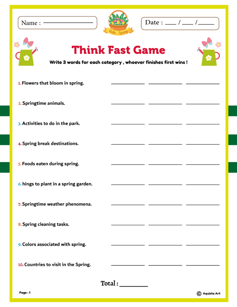 Spring Think Fast Challenge : Printable Worksheet for Kids | Made By ...