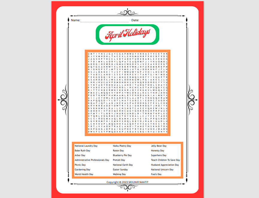 April Holidays Word Search - April Holidays Word Puzzles | Made By Teachers
