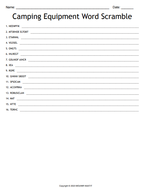 Camping Equipment Word Scramble | Made By Teachers