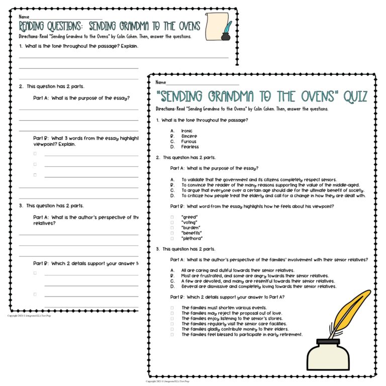 Sending Grandma to the Ovens Satire Pack Quiz Activities Essay Prompt ...
