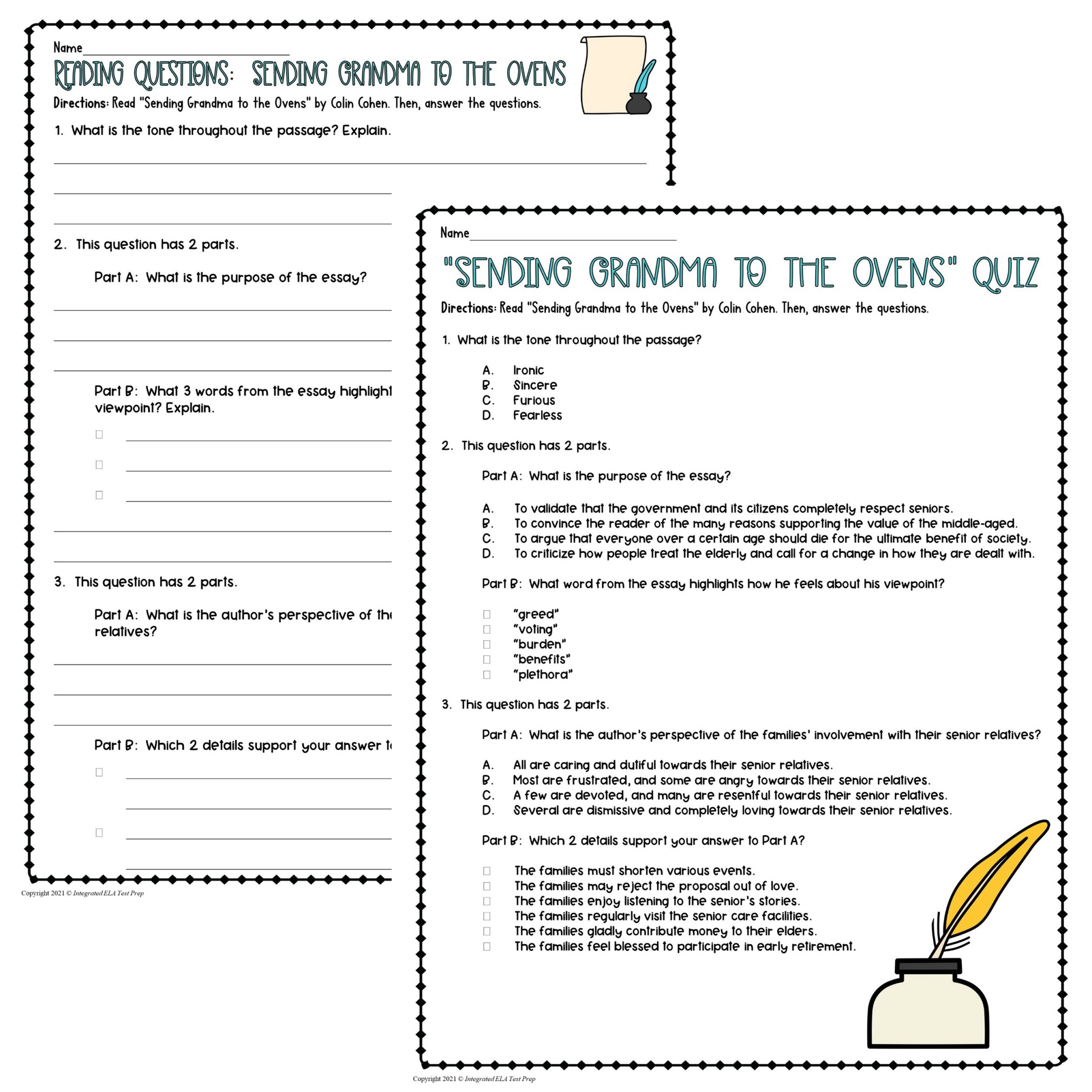 Sending Grandma to the Ovens Satire Pack Quiz Activities Essay Prompt ...