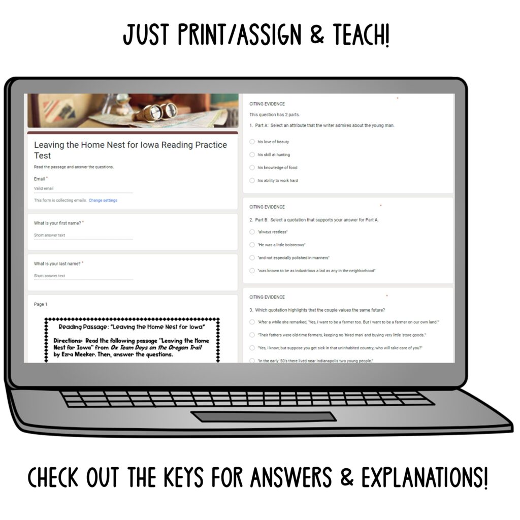 Reading Test Prep PRACTICE TEST Standardized Test Review Oregon Trail ...