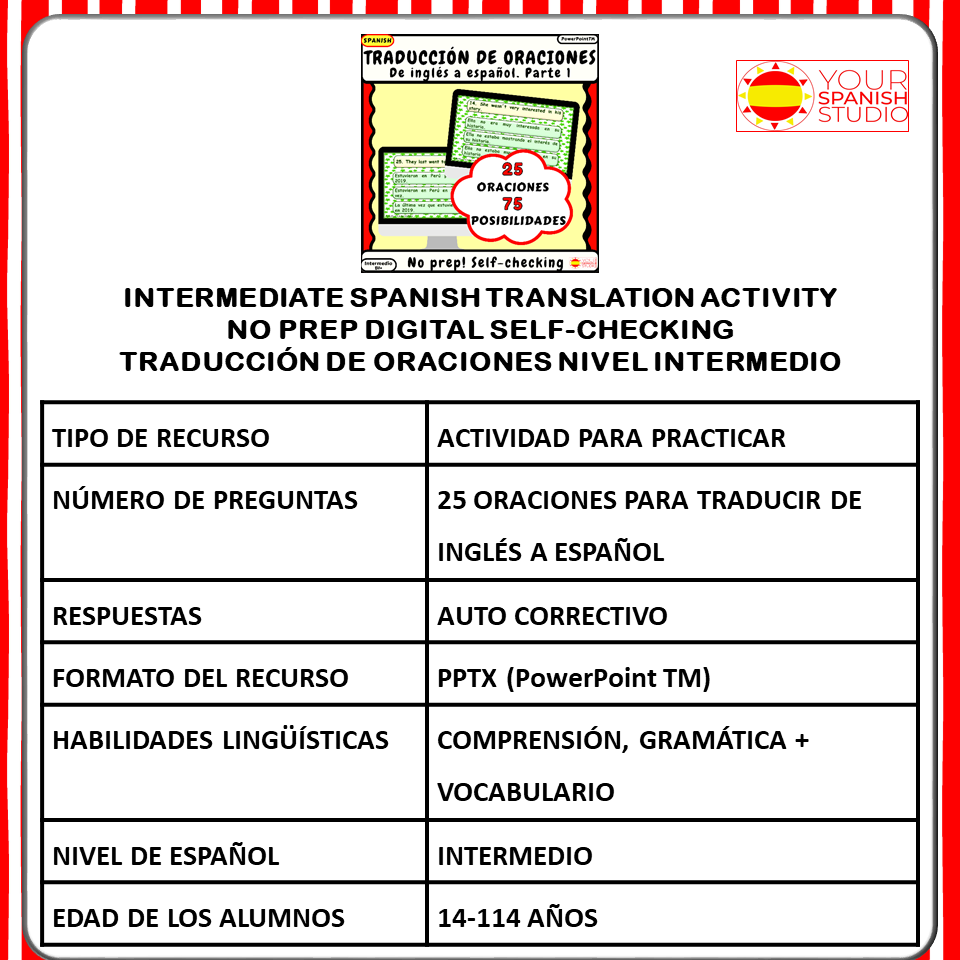 Intermediate Spanish sentence translation activity noprep digital ...