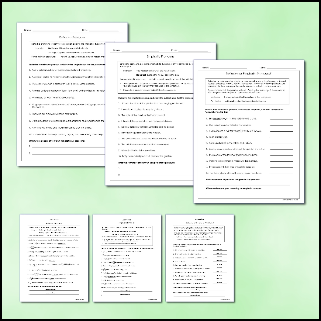 Reflexive & Emphatic Pronouns - 3 worksheets - Grades 5 & 6 | Made By ...