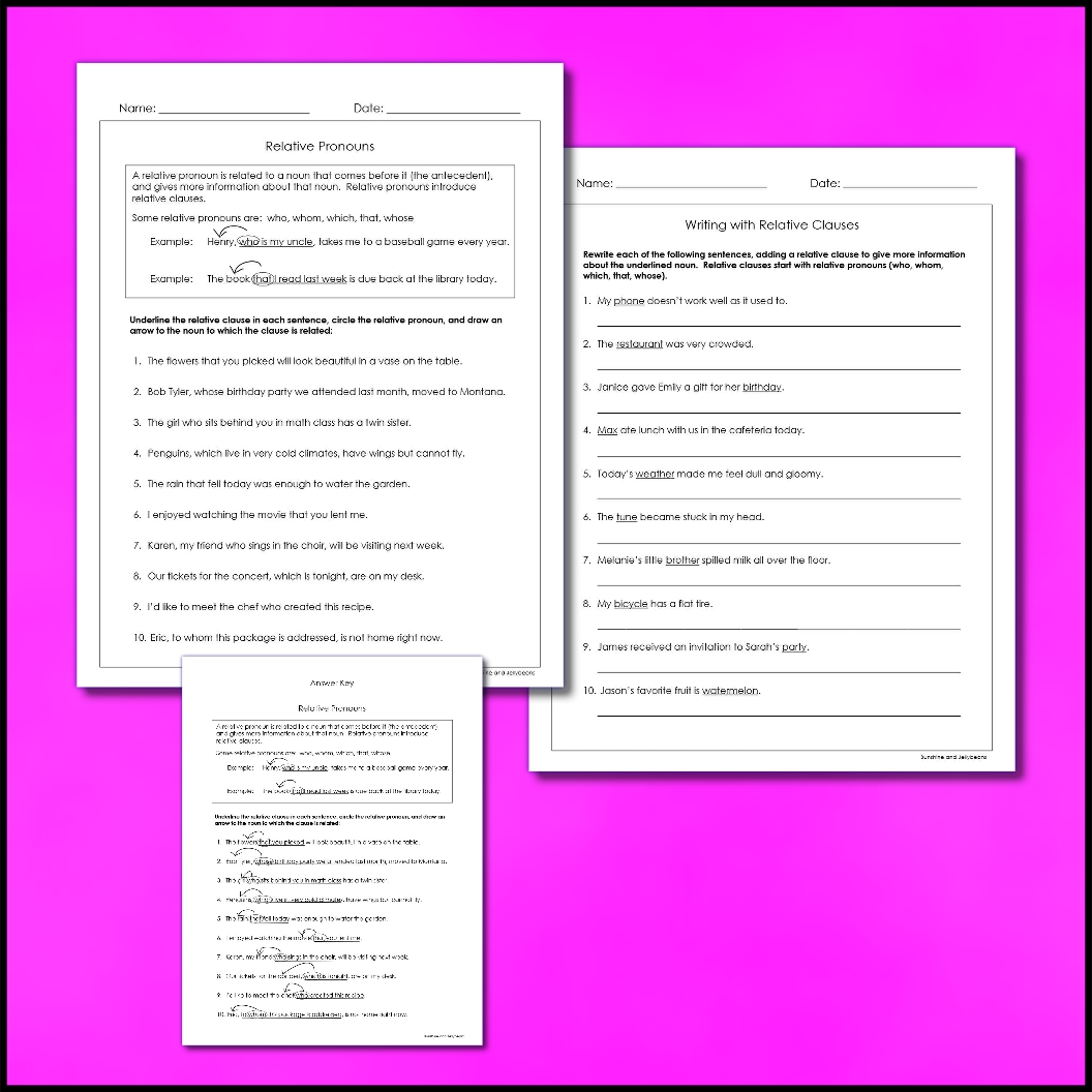 Relative Pronouns & Relative Clauses - 2 worksheets - Grades 4, 5 & 6 ...