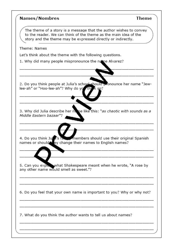 Julia Alvarez "Names / Nombres" worksheets - Made By Teachers