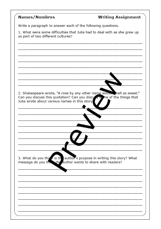 Julia Alvarez "Names / Nombres" worksheets - Made By Teachers