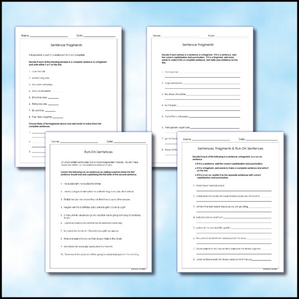 Sentence Fragments & Run-On Sentences - 4 worksheets - Grades 3-4 ...