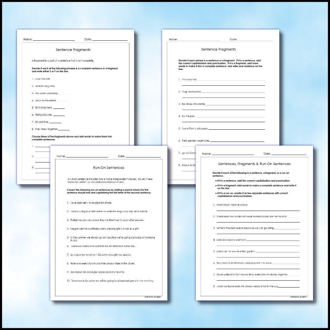 Sentence Fragments & Run-On Sentences - 4 worksheets - Grades 3-4 ...
