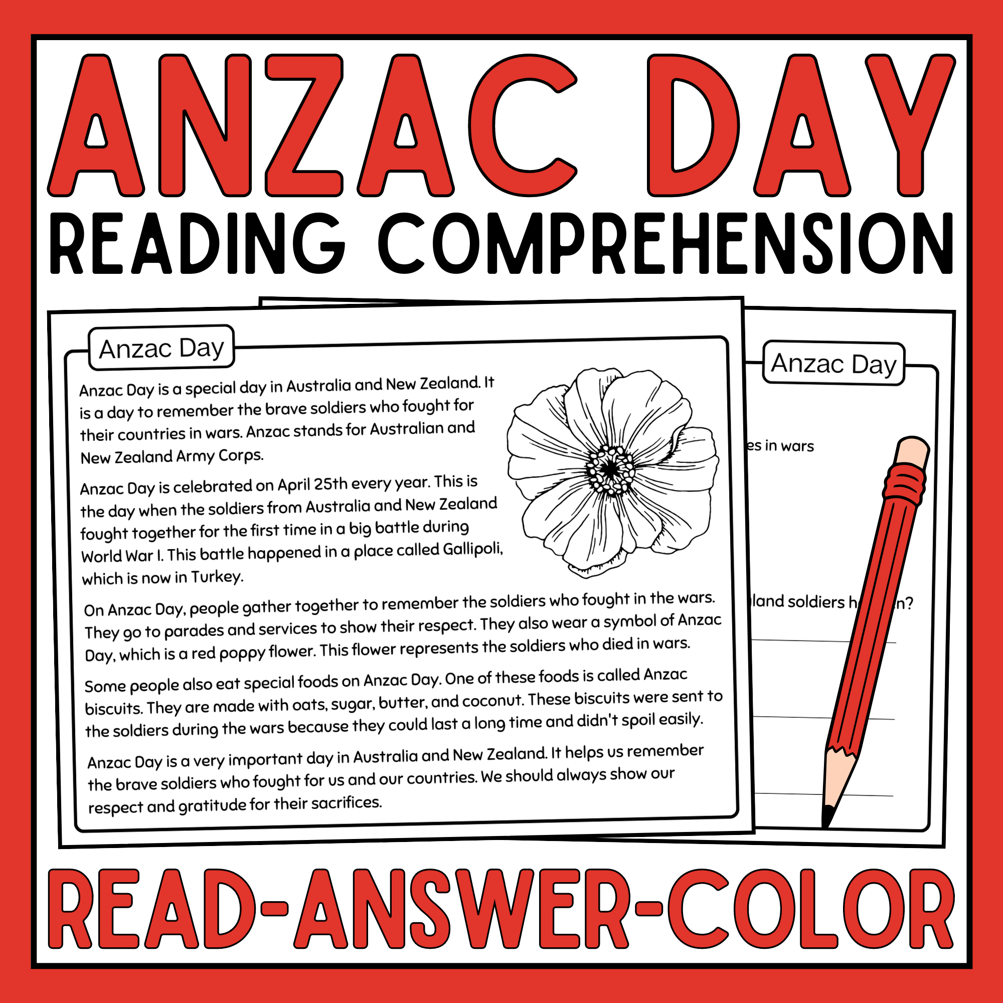 Anzac Day Reading Comprehension Passage | Anzac Day Reading Passage ...