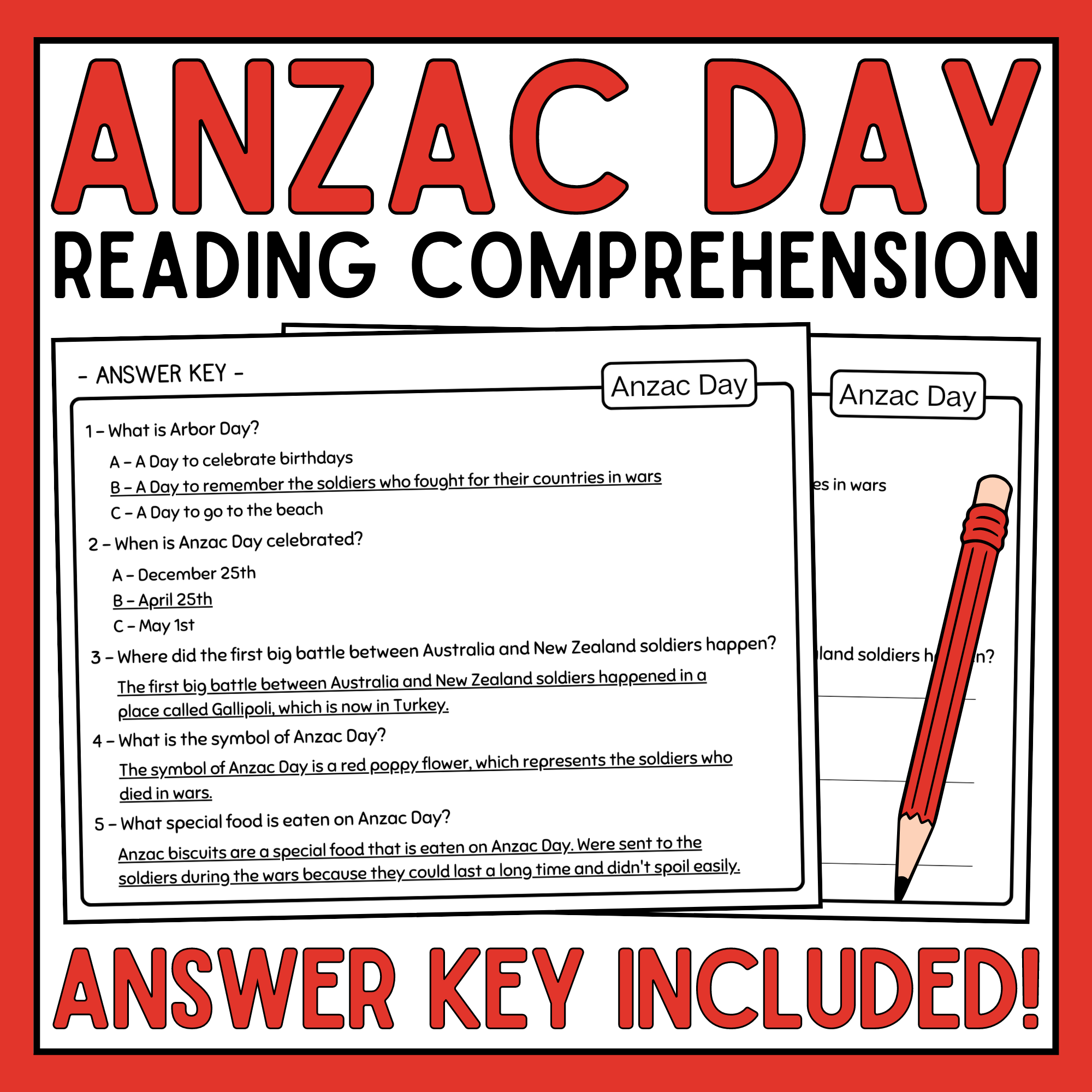 Anzac Day Reading Comprehension Passage | Anzac Day Reading Passage ...