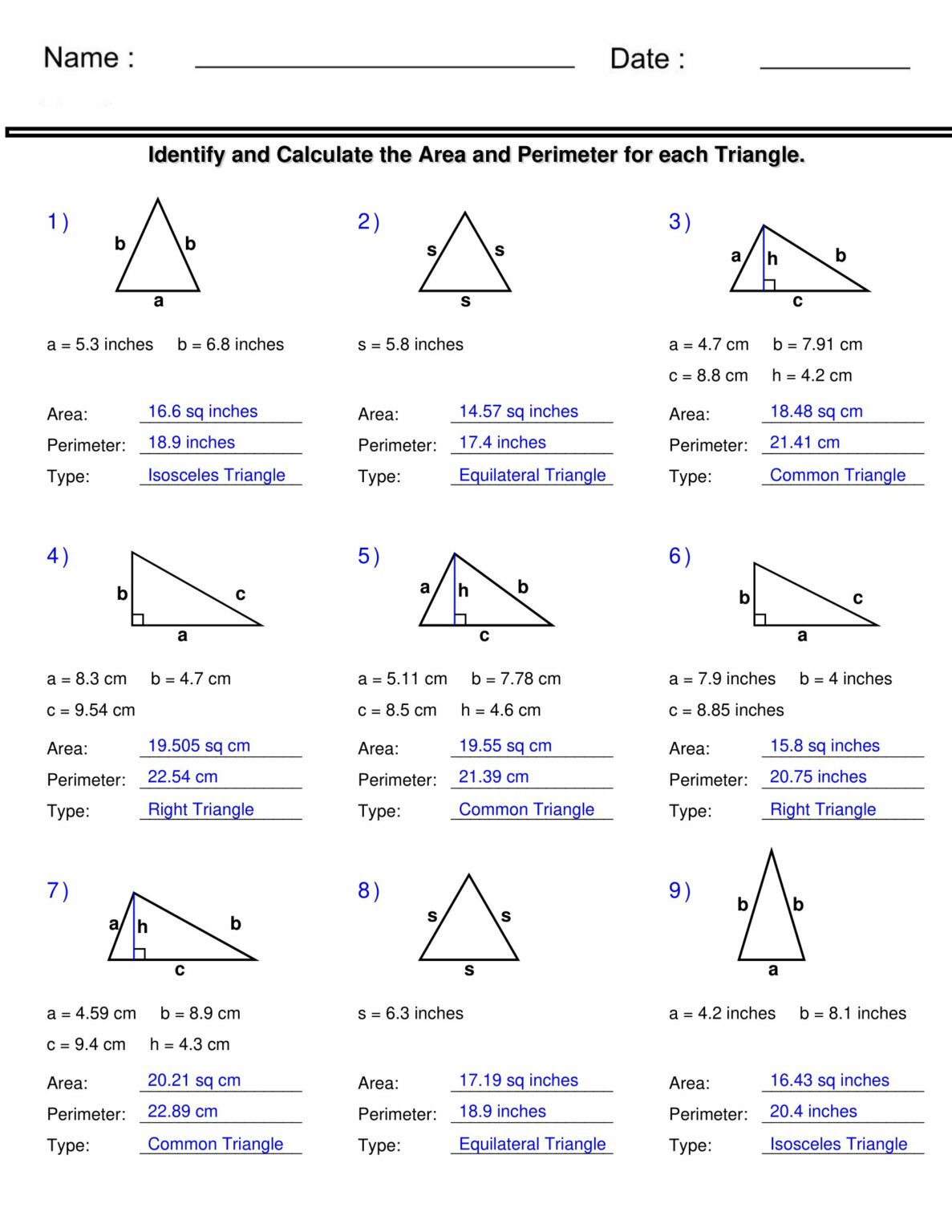 Area and Perimeter of Triangles - Identify and Calculate -Triangle ...