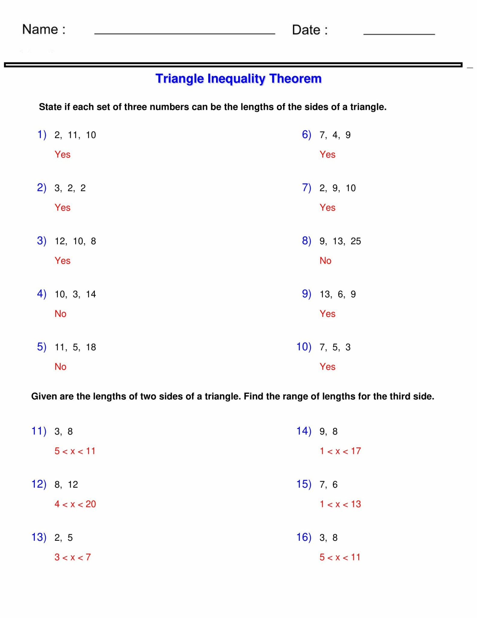 Triangle Inequality Theorem - Triangle Worksheets | Made By Teachers