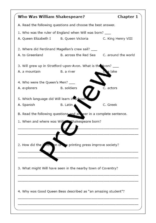 Celeste Davidson Mannis "Who Was William Shakespeare?" worksheets ...