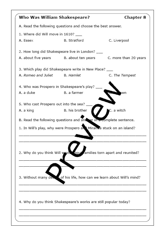 Celeste Davidson Mannis "Who Was William Shakespeare?" worksheets ...