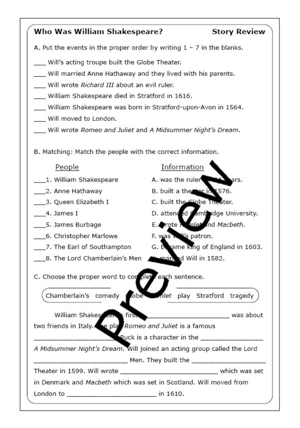 Celeste Davidson Mannis "Who Was William Shakespeare?" worksheets ...