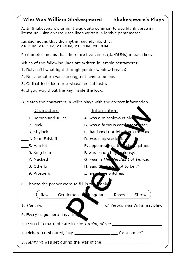Celeste Davidson Mannis "Who Was William Shakespeare?" worksheets ...