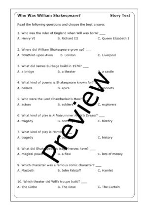 Celeste Davidson Mannis "Who Was William Shakespeare?" worksheets ...