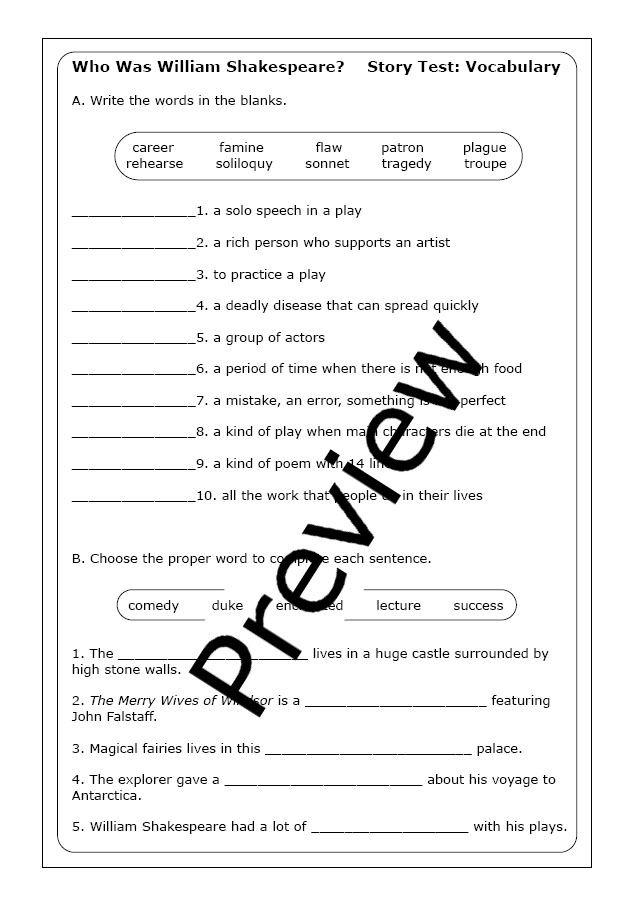 Celeste Davidson Mannis "Who Was William Shakespeare?" worksheets ...