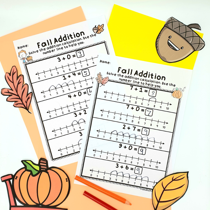 Autumn Fall Addition with a Number Line Worksheets Kindergarten 1st ...