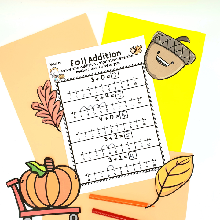 Autumn Fall Addition with a Number Line Worksheets Kindergarten 1st ...