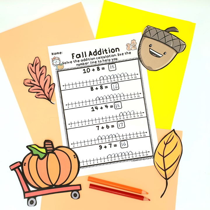 Autumn Fall Addition with a Number Line Worksheets Kindergarten 1st ...