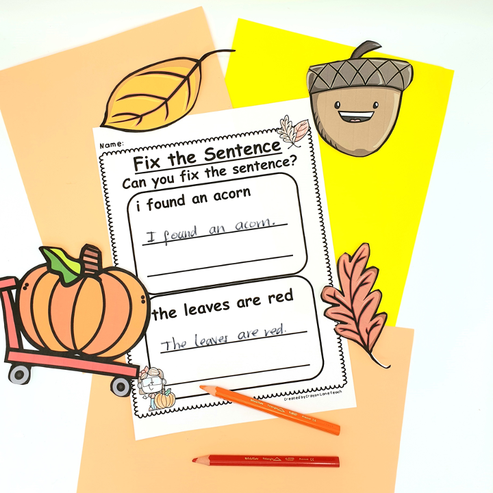 Autumn Fall Sentence Writing Worksheets Fix the Sentence Kindergarten ...