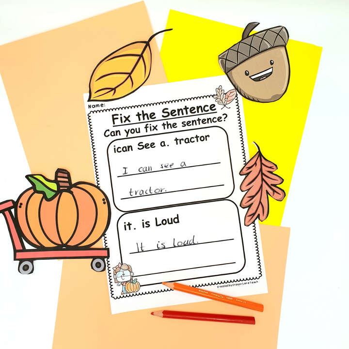 Autumn Fall Sentence Writing Worksheets Fix the Sentence Kindergarten ...