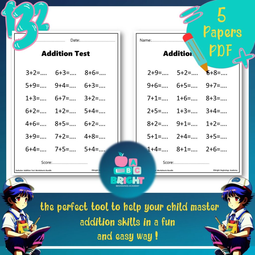 Exclusive Addition Test Worksheets Bundle, 5 Fun and Easy Exercises for ...