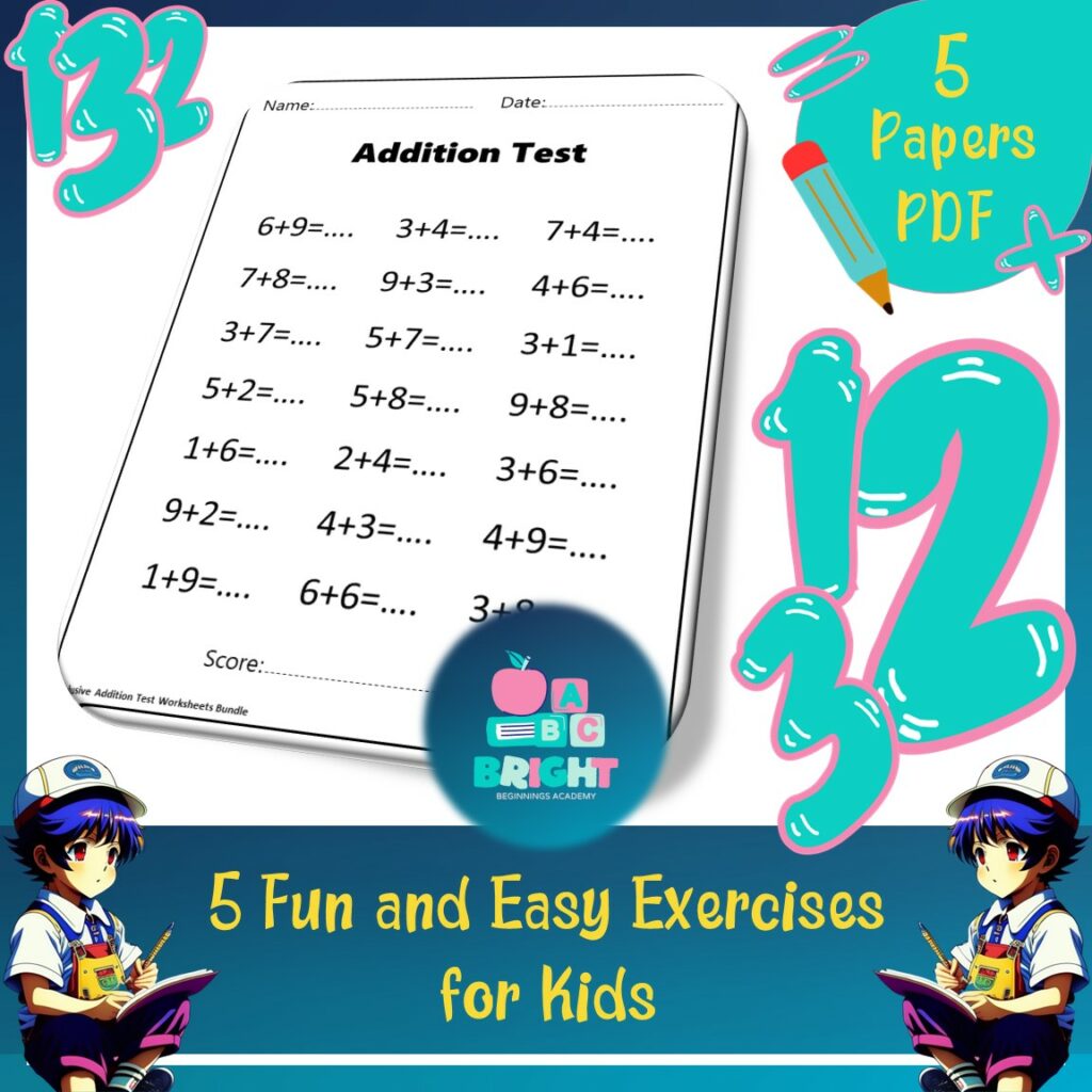 Exclusive Addition Test Worksheets Bundle, 5 Fun and Easy Exercises for ...