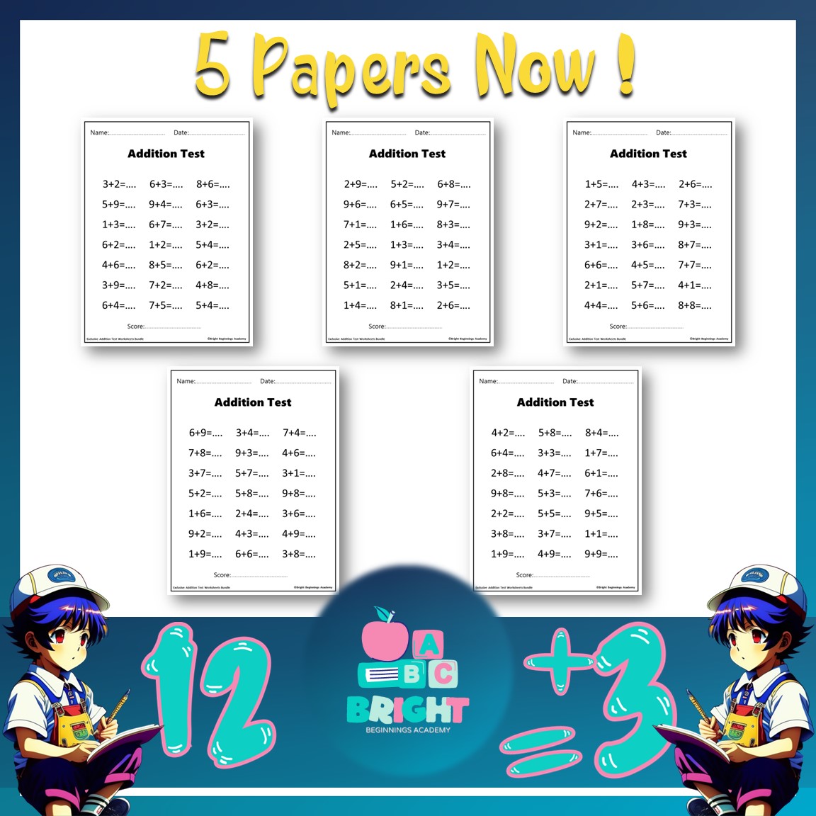 Exclusive Addition Test Worksheets Bundle, 5 Fun and Easy Exercises for ...