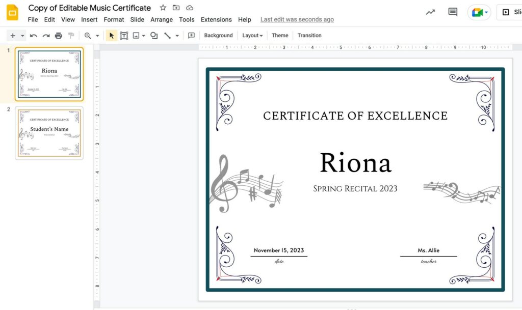 EDITABLE on Google Slides: Piano Music Recital Certificate Classic ...