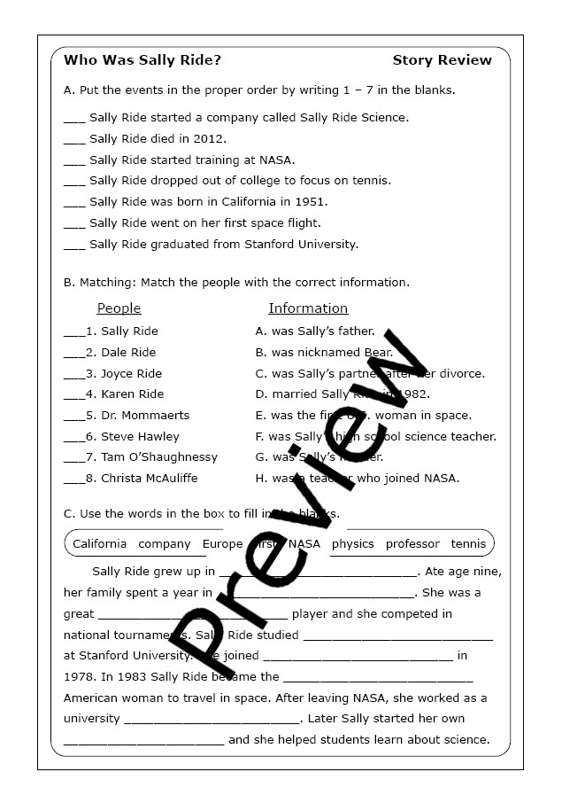 Megan Stine "Who Was Sally Ride?" worksheets | Made By Teachers