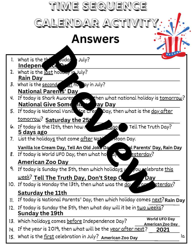 Time Sequencing Calendar Questions And Following Linguistic Concept ...