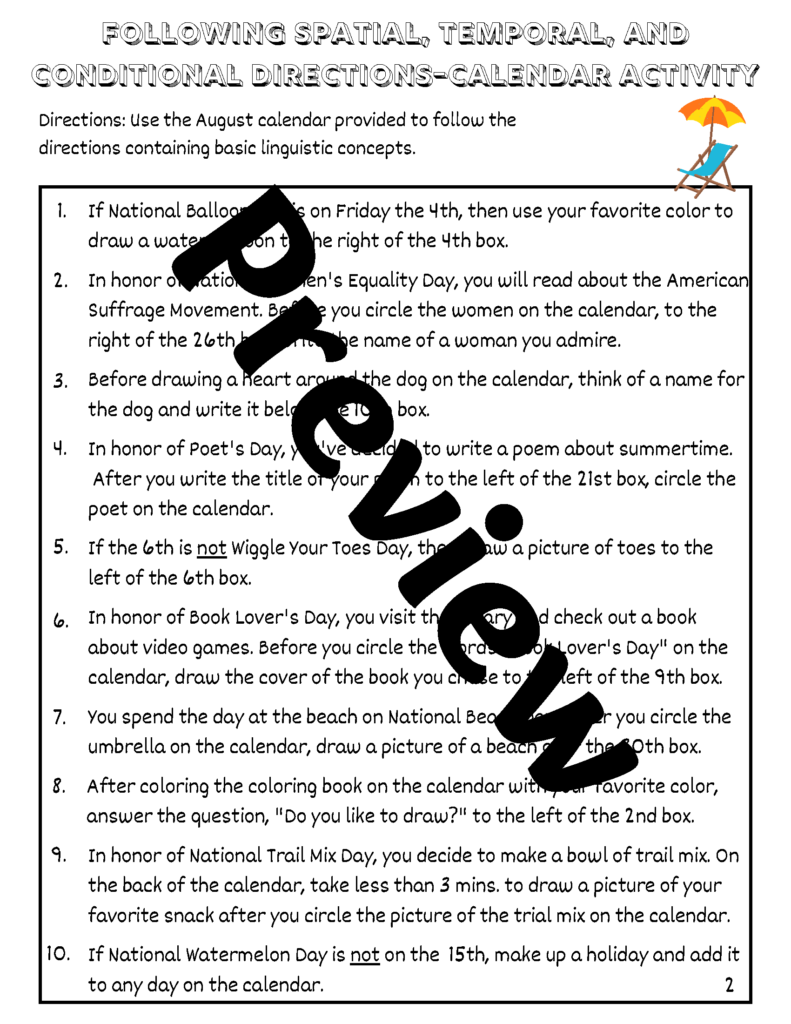 Time Sequencing Calendar Questions And Following Linguistic Concept ...
