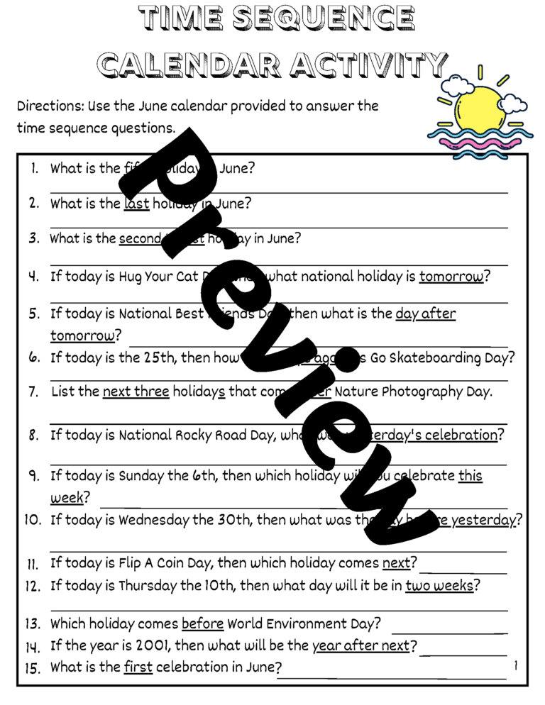 Time Sequencing Calendar Questions And Following Linguistic Concept ...