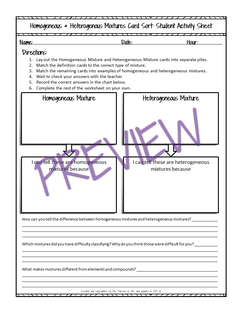 Homogeneous and Heterogeneous Mixtures Card Sorting Activity | Made By ...