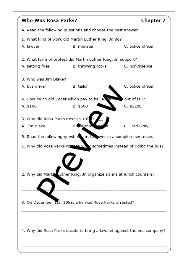 Yona Zeldis McDonough "Who Was Rosa Parks?" worksheets | Made By Teachers