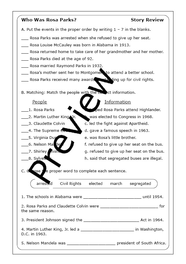 Yona Zeldis McDonough "Who Was Rosa Parks?" worksheets | Made By Teachers