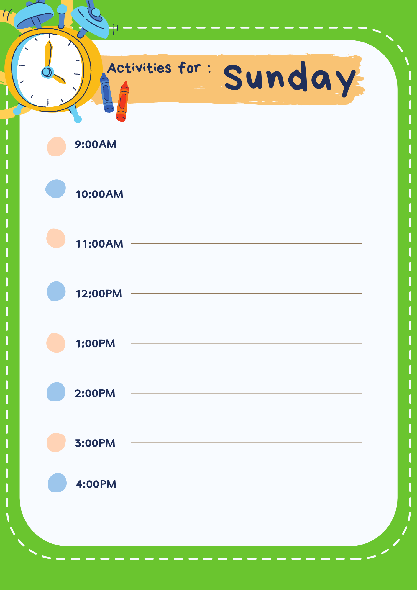 Activities of the week Blue Green Orange PNG PDFs | Made By Teachers