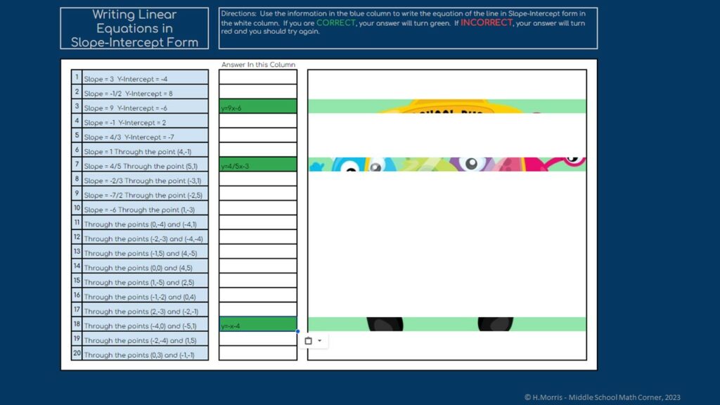 Writing Linear Equations in Slope Intercept Form Digital Hidden Picture ...