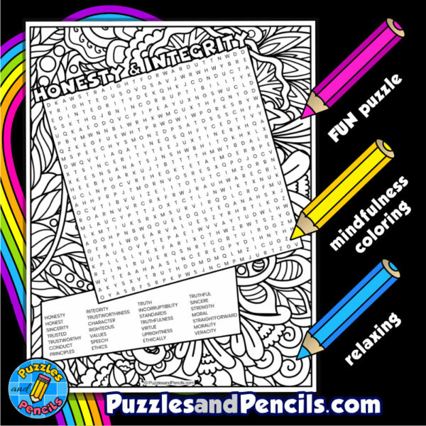 Honesty & Integrity Word Search Puzzle with Coloring | Character ...