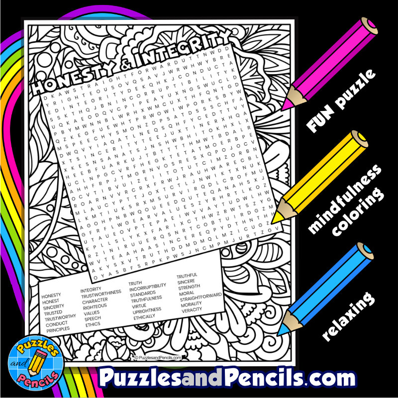 Honesty & Integrity Word Search Puzzle with Coloring | Character ...