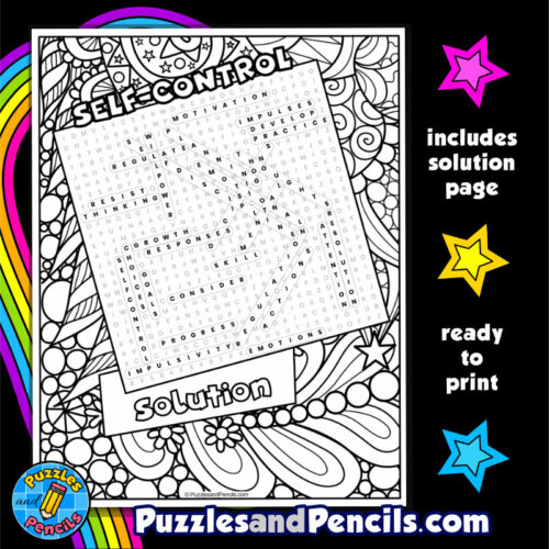 Self-Control Word Search Puzzle with Coloring | Character Education ...