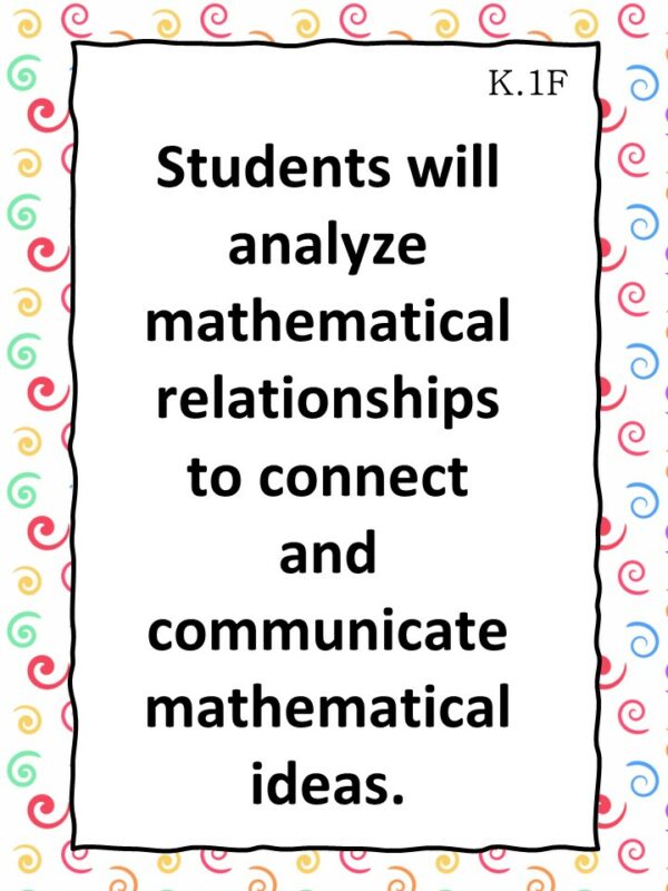 Kindergarten Math TEKS Learning Objective Cards/ Posters (3) Color/ B&W ...